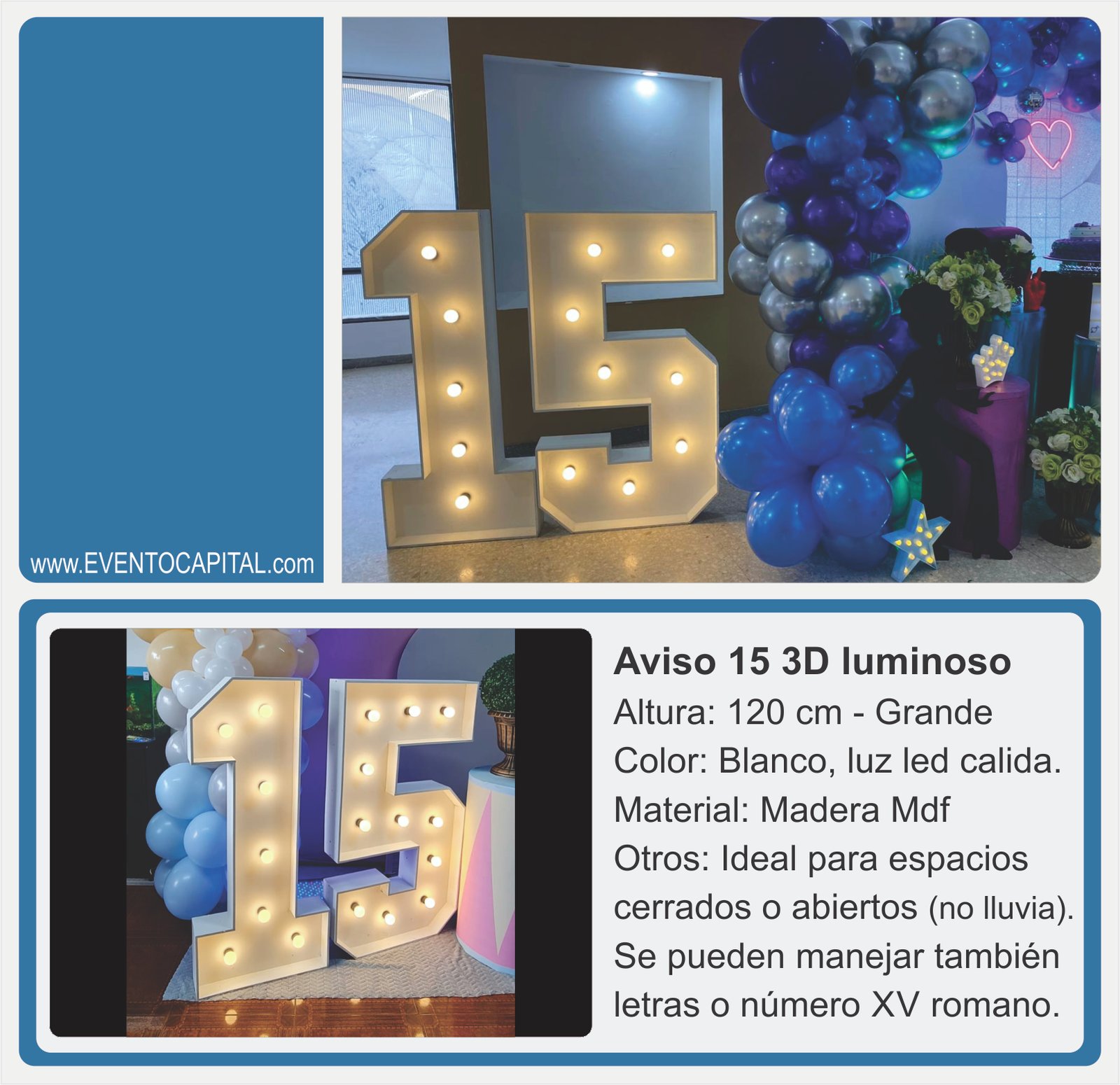 Aviso número (15) 120cm luz led – Alquileres Para Eventos