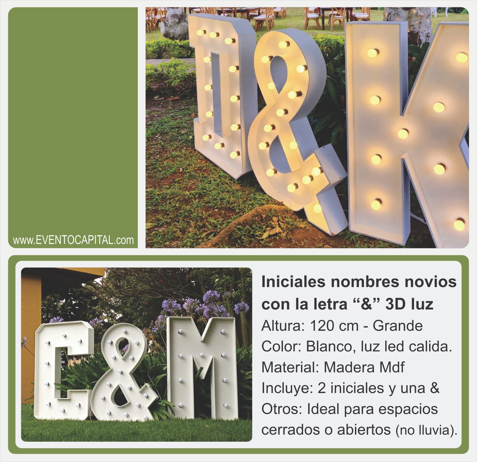 Letras iniciales novios x3 (A & Z) 120 cm luz – Alquileres Para Eventos